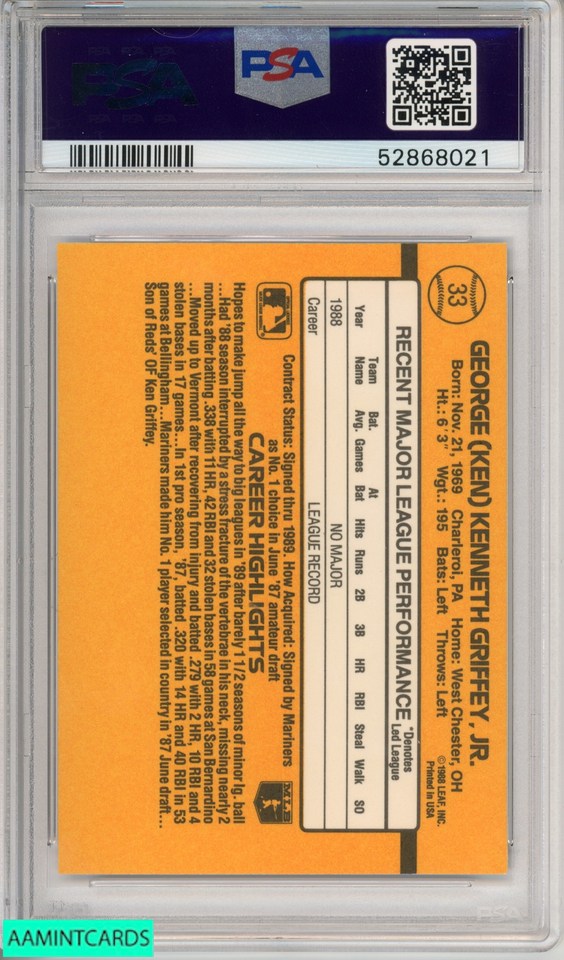 1989 DONRUSS KEN GRIFFEY JR #33 ROOKIE HOF SEATTLE MARINERS RC PSA 8 NM ...