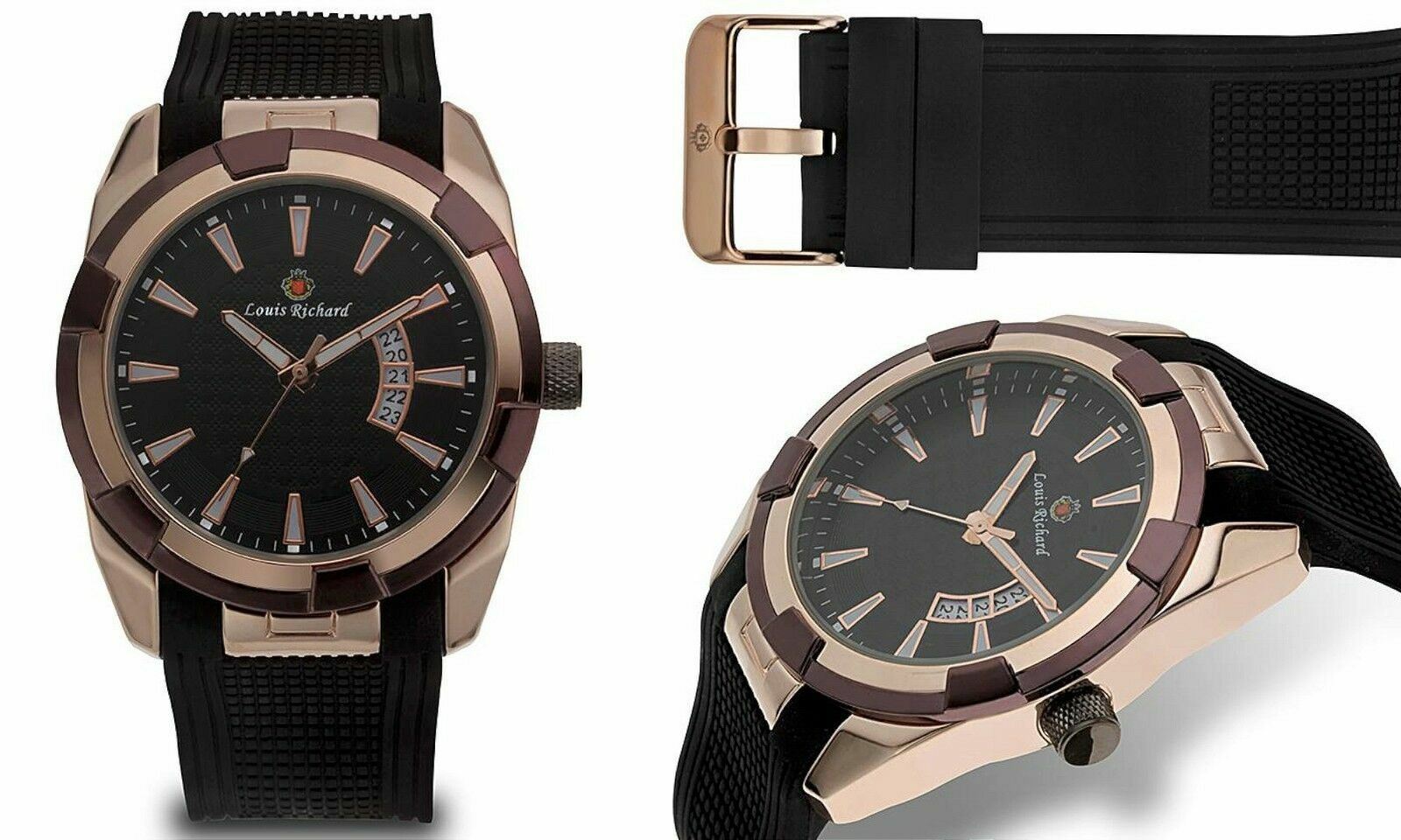 NEW Louis Richard 14040 Mens Halton Black Dial Rubber Rose Gold ...