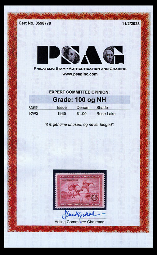 US #RW2; $1 DUCK HUNTING STAMP, GEM-OG-MNH, 2023 PSAG GRADED (100), SMQ ...