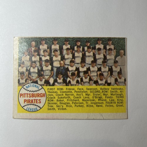 1958 Topps #341 Pirates Team Card Checklist VG UNMARKED- Roberto ...