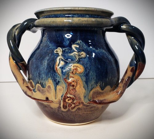 KLAY HAWK Signed Artisan Pottery Double-Handled Pot w/ Raised Figural ...
