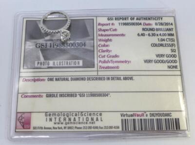 Diamond Engagement Ring 1.04CT Round Brilliant GSI Certified Inscribed ...