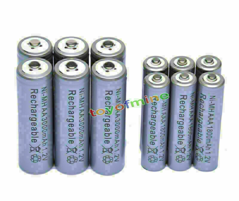 6 AA 3000mAh + 6 AAA 1800mAh 1.2V NI-MH Rechargeable Battery 2A 3A Grey ...