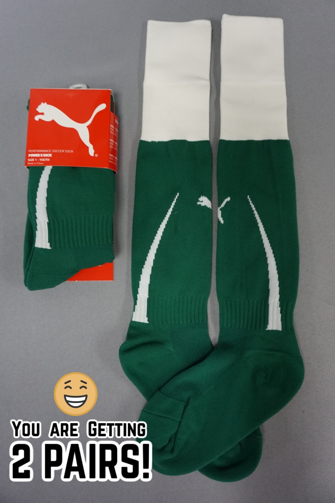 2 PAIRS Puma YOUTH SZ 1 Kneehigh Soccer Sport Socks Green White AGES 6 ...