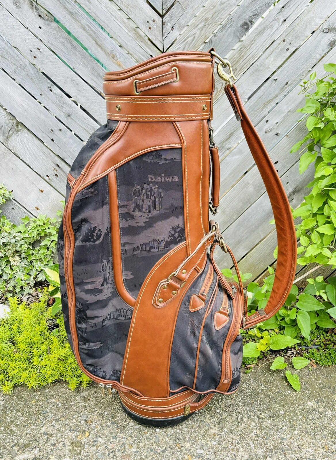 Vtg Daiwa Coach Collection Cart Bag 6 Way Brown Leather Canvas w/ Golf ...