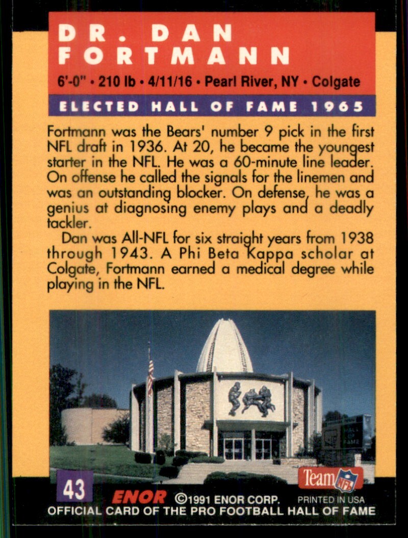 1991 ENOR Pro Football HOF Dr. Dan Fortmann Chicago Bears #43 | eBay