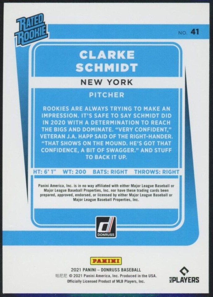 2021 Donruss Clarke Schmidt Rated Rookie New York Yankees RC #41 | eBay