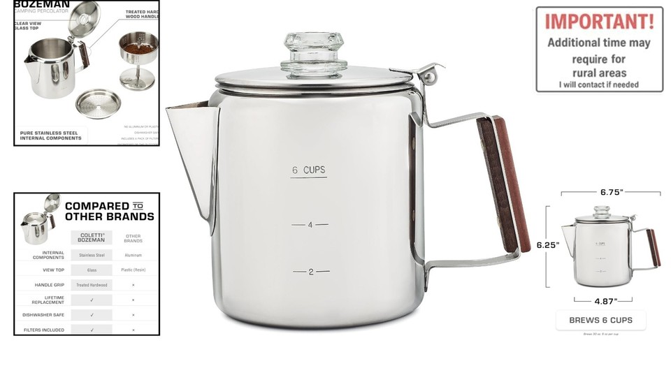 Classic Bozeman Coffee Pot - 6 Cup Stainless Steel Percolator with ...