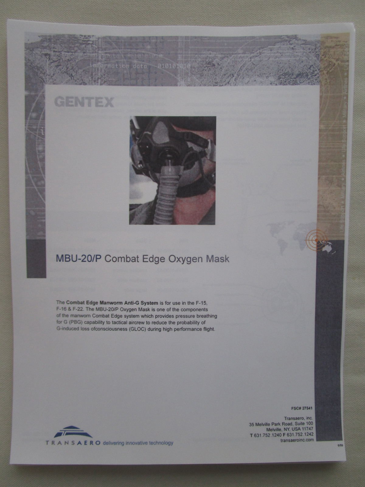 DOCUMENT RECTO VERSO TRANSAERO GENTEX MBU-20/P COMBAT EDGE OXYGEN MASK ...