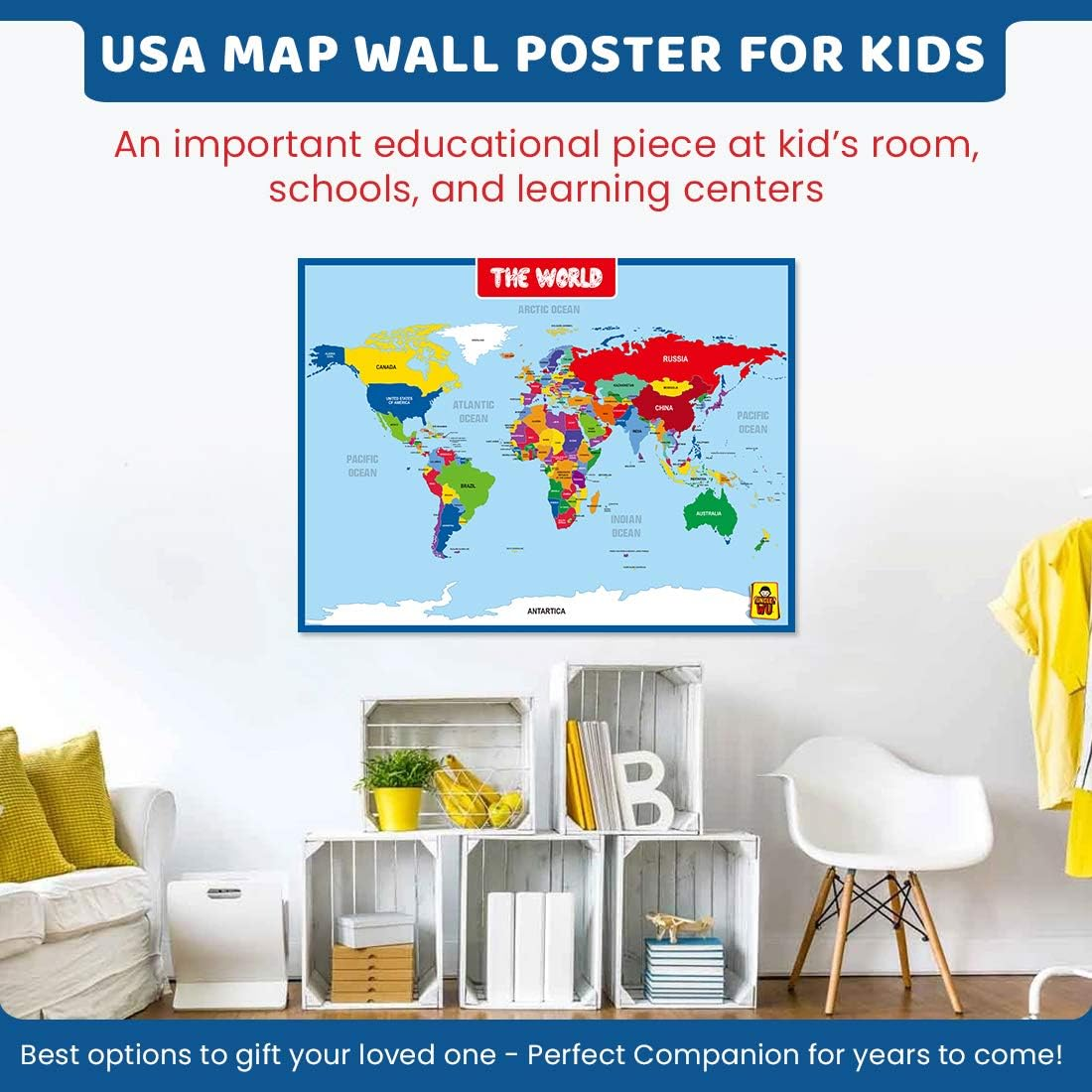 World Map Laminated Poster -Double Side Educational Poster for Kids ...