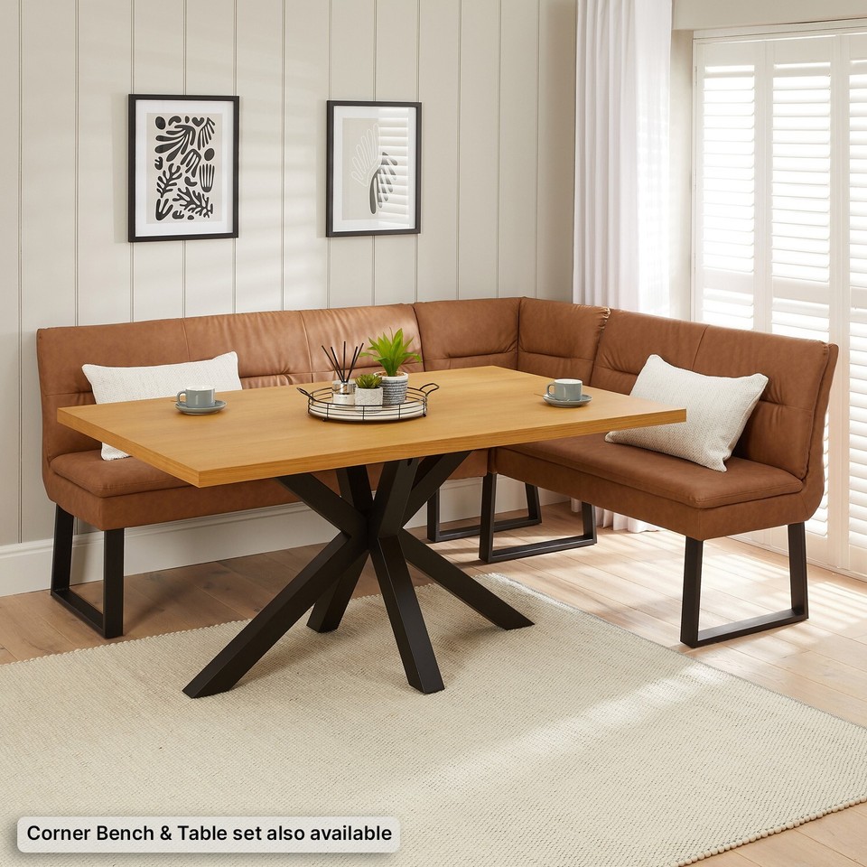 Corner Dining Bench Bronx Industrial Tan Brown Faux Leather Kitchen ...