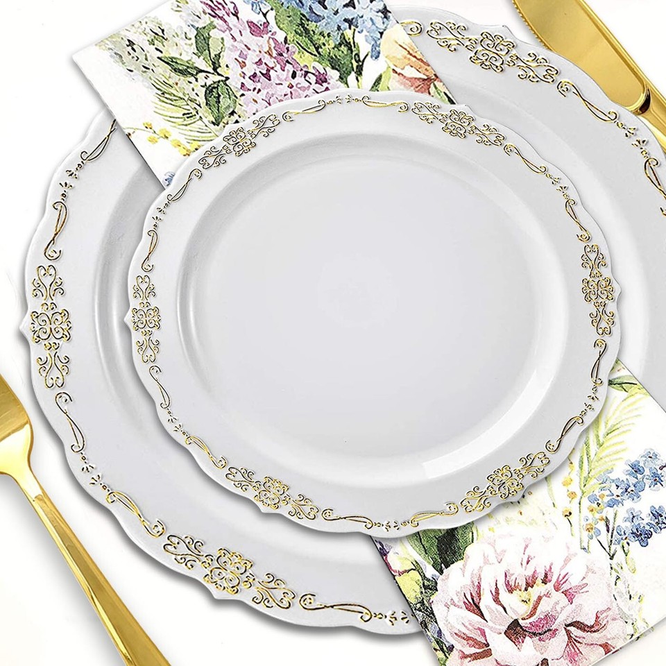 Elegant Vintage Disposable Plastic Plates Wedding Party Value Sets 120 ...