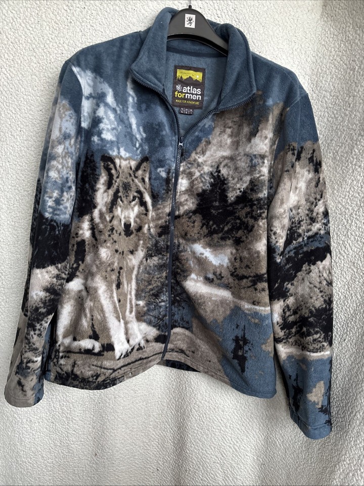 Vintage Atlas Men's Wolf Print Fleece Jacket Size L Excellent Condition ...
