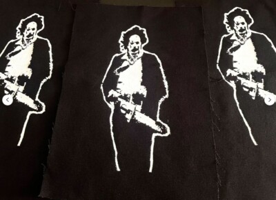 leatherface sew on big patch black fabric white ink leather face | eBay
