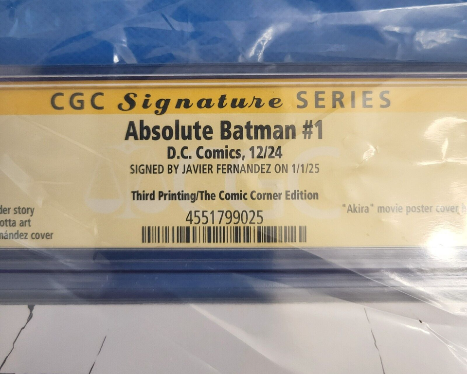 DC COMICS ABSOLUTE BATMAN #1 B&W CGC 9.8 SS SIGNED JAVIER FERNANDEZ ...