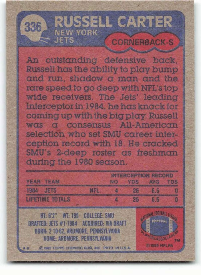 1985 Topps #336 Russell Carter NM++ RC Rookie NY Jets | eBay