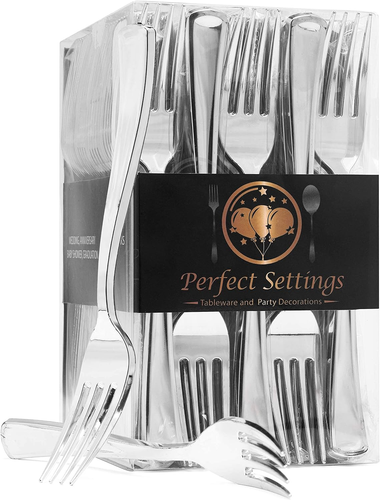 Perfect Settings 125 Silver Plastic Forks Cutlery - Polished Disposable ...