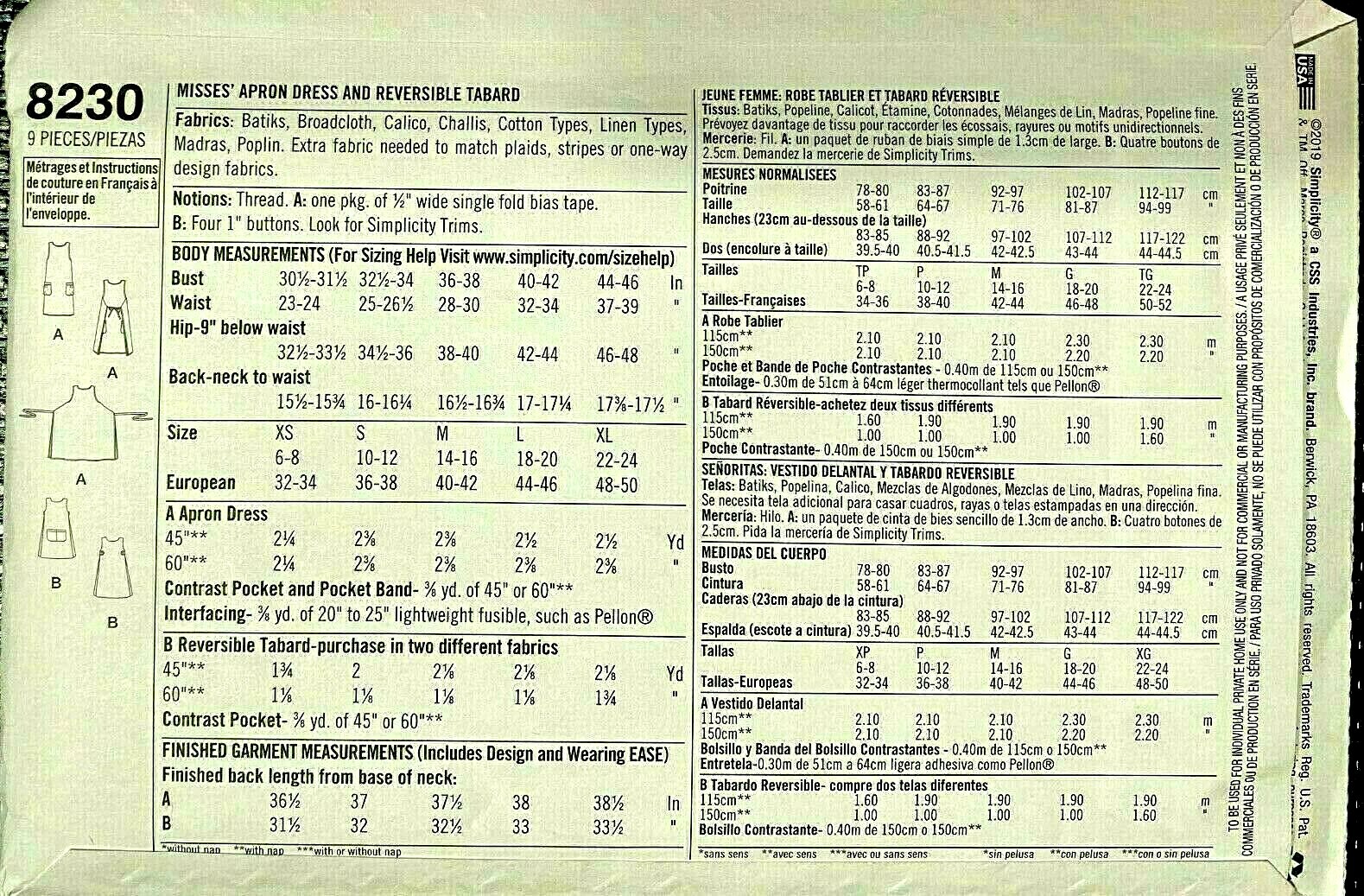 Simplicity 8230 Misses Dottie Angel Apron Dress Tabard Frock Sewing ...