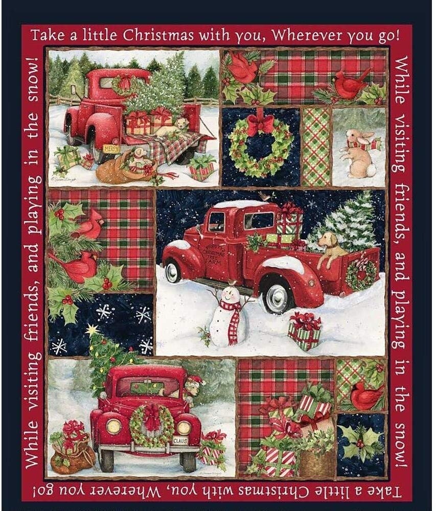 36" Fabric Panel - Springs Susan Winget Red Truck Christmas Collage ...
