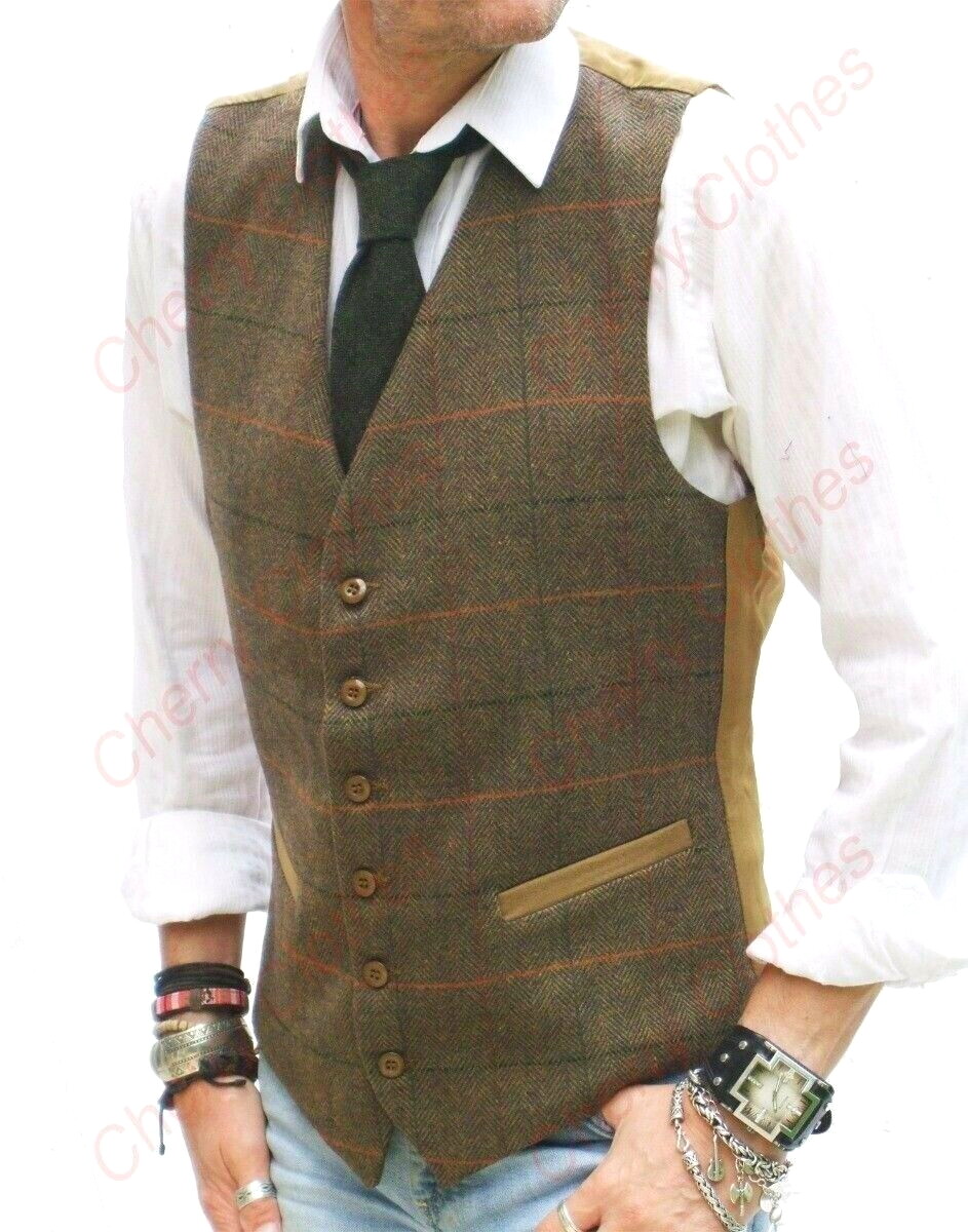 Mens Wool Blend Tweed Rustic Brown Check Herringbone Waistcoat Vest All ...