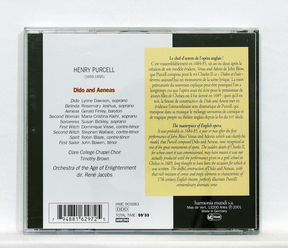 RENE JACOBS, LYNNE DAWSON - PURCELL dido & aeneas HARMONIA MUNDI CD NM ...