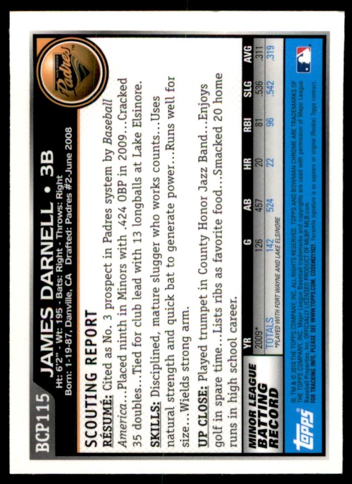 2010 BOWMAN CHROME PROSPECTS JAMES DARNELL SAN DIEGO PADRES #BCP115 | eBay