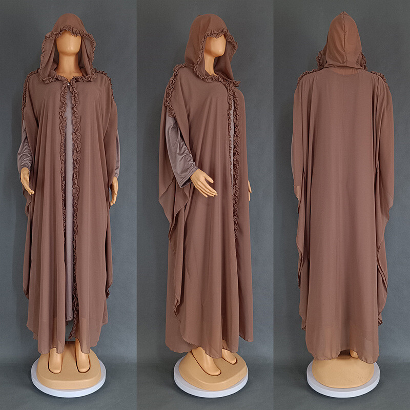 Abaya Women Chiffon Hooded Kaftan Long Dress Set Muslim Burqa Evening ...