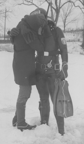 Embracing Winter Snow Woman Man Diving Suit 1970 Odd Strange Scuba Gear ...