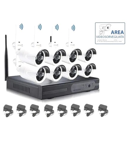 KIT VIDEOSORVEGLIANZA WIRELESS 2 MP FULL WIFI HD IP 8 TELECAMERE NVR ...