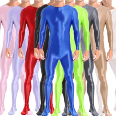 Mens Back Zipper Bodystocking Glossy Solid Color Long Sleeve Bodysuit ...
