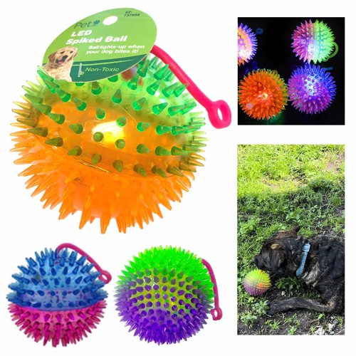 4 Pc Dog Toy Spike Balls Squeaky Flashing LED Light Up Bounce Pets Cat ...