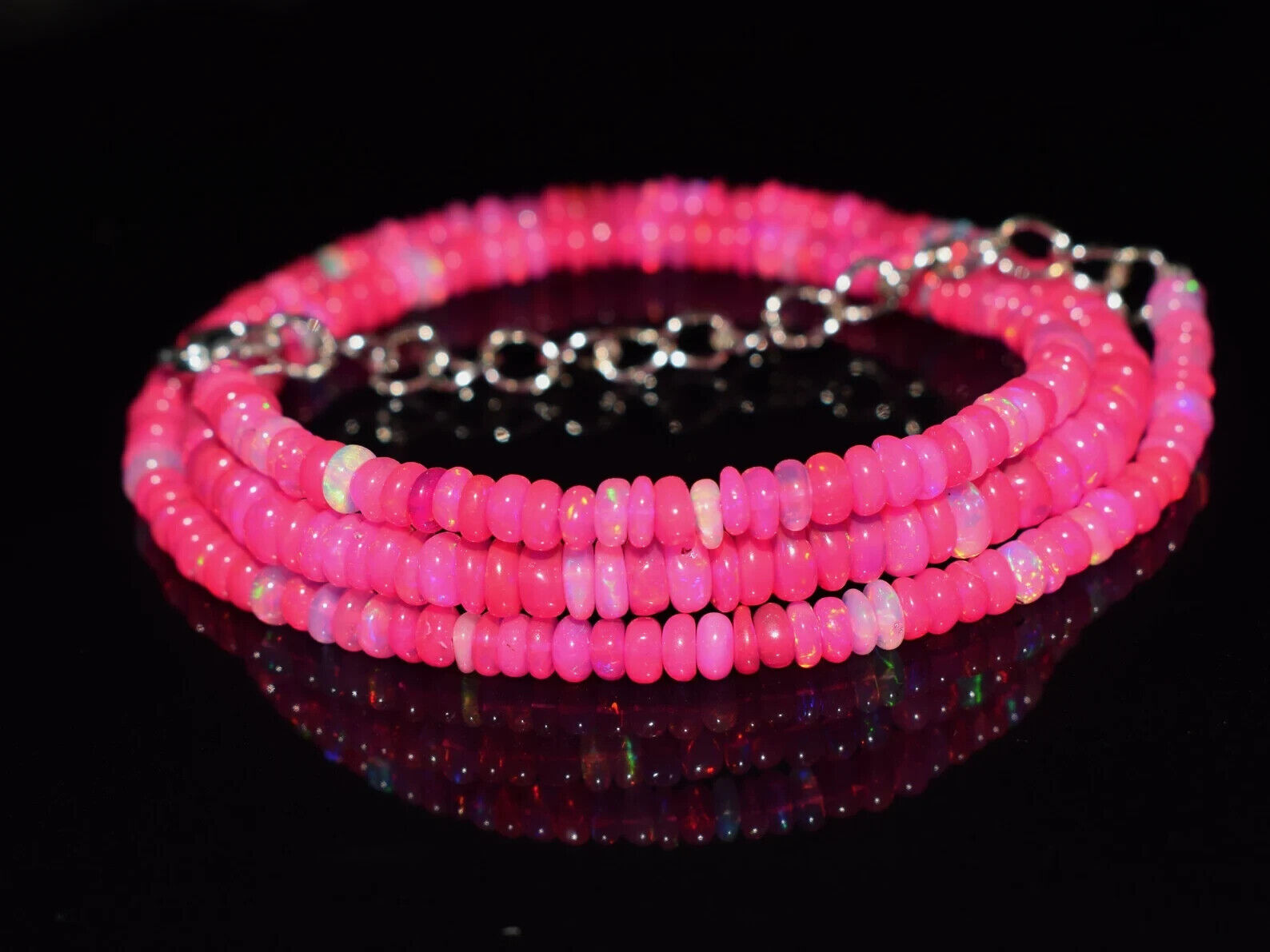 20"Natural Ethiopia Pink Opal Gemstone Beads Necklace 925 Sterling ...