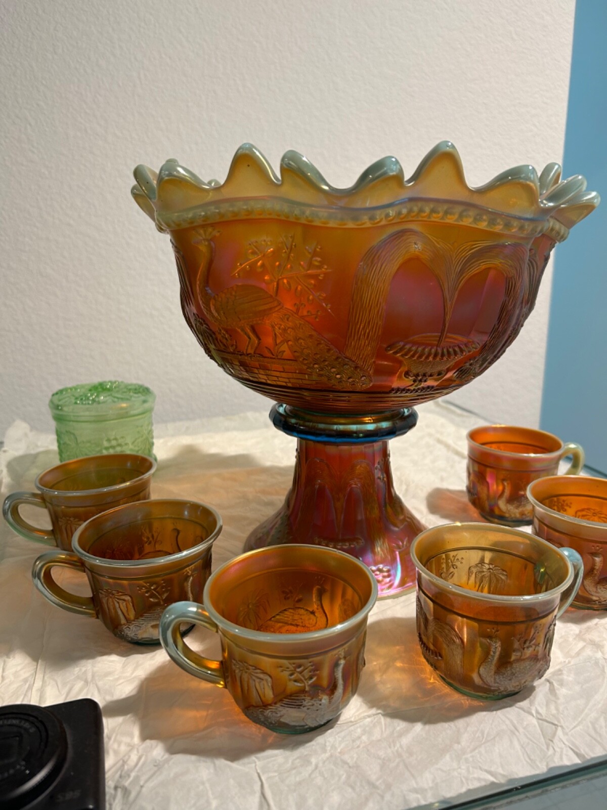 Vintage Northwood Aqua Opal Peacock @ The Fountain 8 pc Punch Set ...