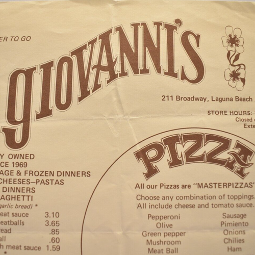 1980s Giovanni's Pizza Restaurant Menu Broadway Street Laguna Beach ...