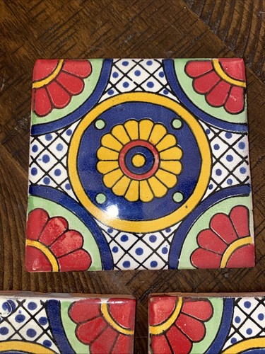 Lot of 3 Mexican Red Clay Ceramic Tiles with Multi color designs glaze ...