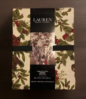 RALPH LAUREN Tablecloth 60” x 104” Holly, Berries, Pinecones Festive ...