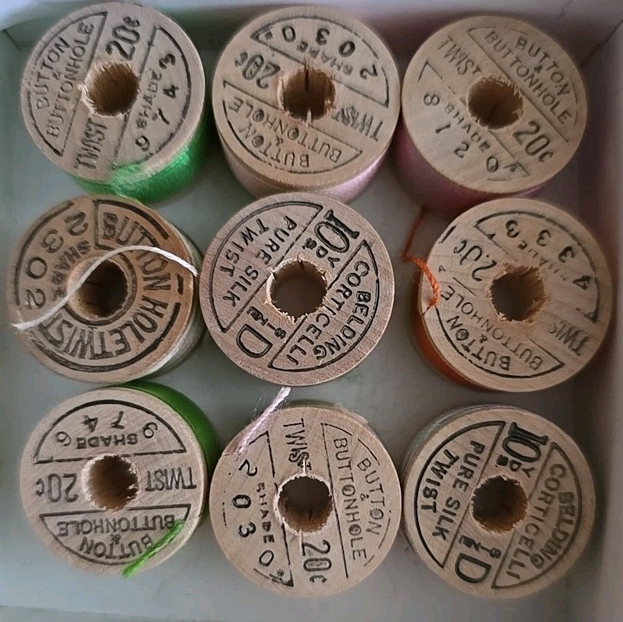 9 SILK Thread Buttonhole Twist Wood Spools Vintage Belding Corticelli ...