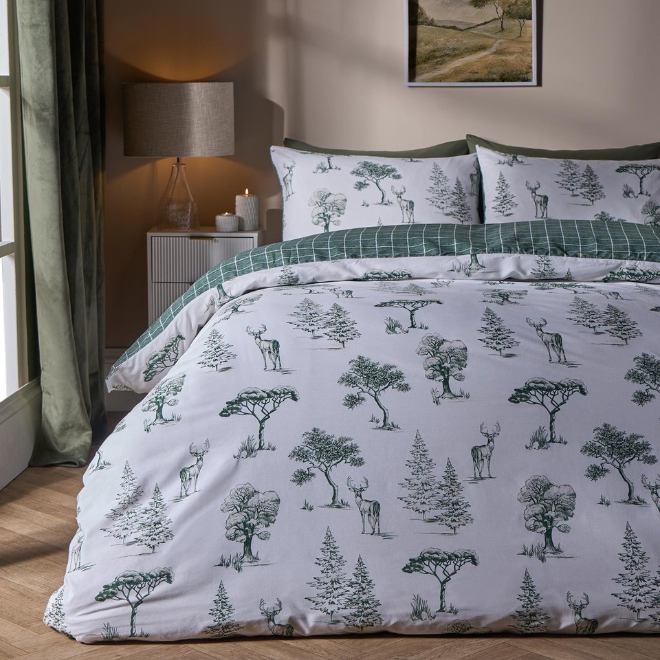 OHS Stag Tree Reversible Check Bedding Set Xmas Duvet Cover with ...