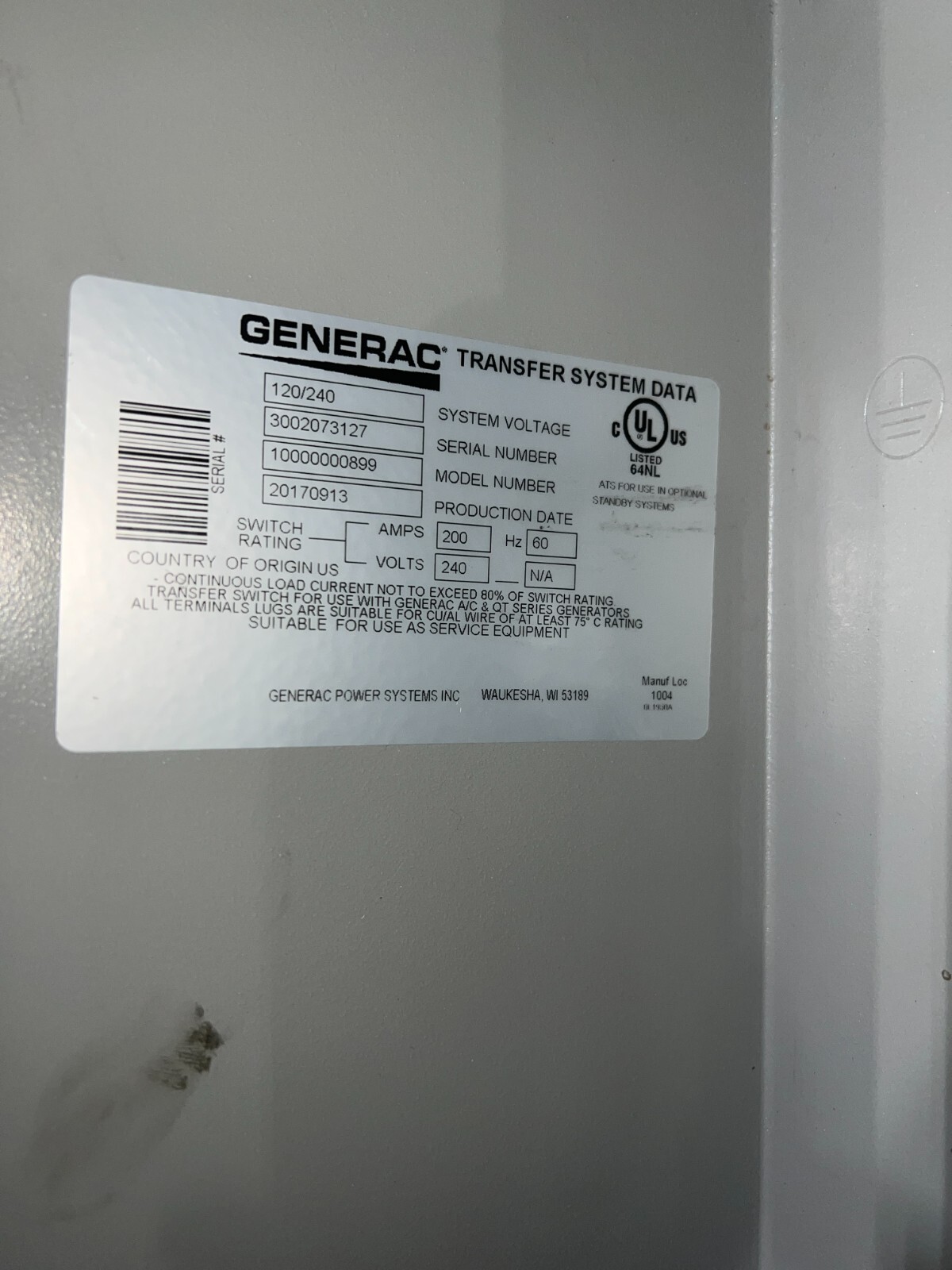 Generac 200 Amp ATS Automatic Transfer Switch 240 Volt 1 Phase 3W 3R ...