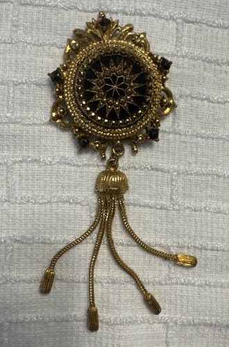 Vintage Art Deco Gold Tone Black Rhinestone Tassel Mourning Brooch ...