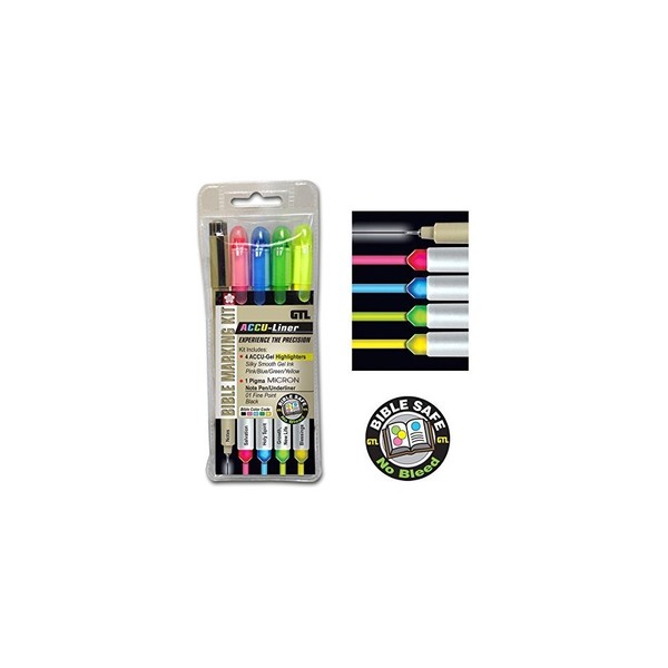 Acculiner Bible Marking Kit of 4 Accugel Highlighters and 1 Pigma ...