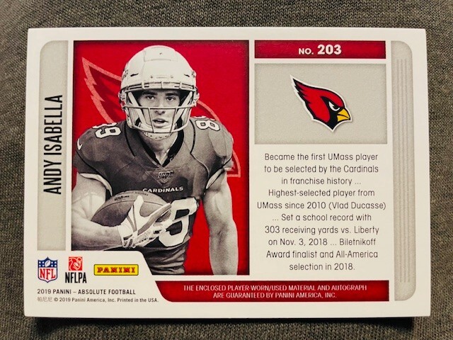 2019 Panini Absolute Andy Isabella Rookie Auto Autograph Jumbo Jersey ...