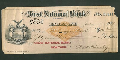 Bank Check The First National Bank Bainbridge New York 1899 to Chase ...