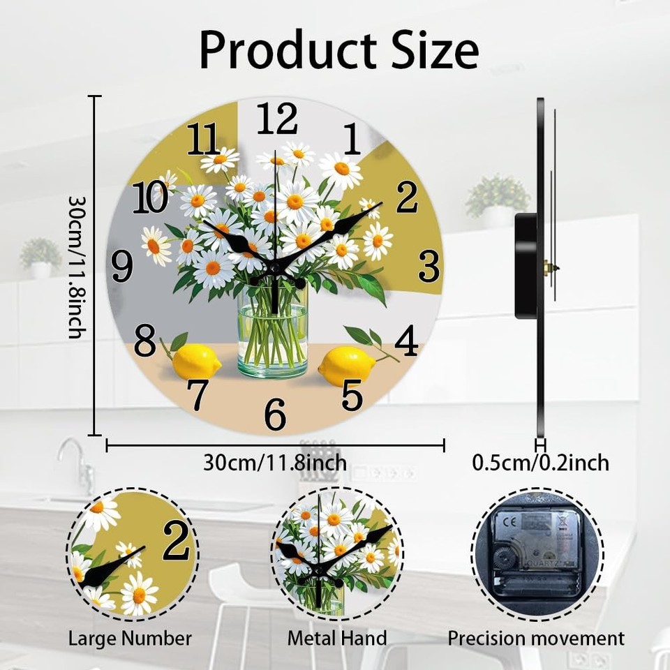 Daisy Wall Clock 12 Inch Lemon Battery Operated Silent Non Ticking ...