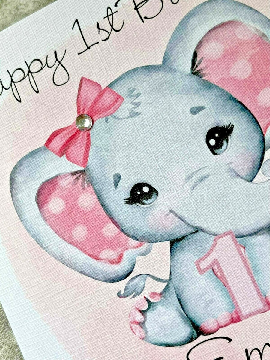 Elephant First Birthday Girl Personalised Girls 1st Birthday Card