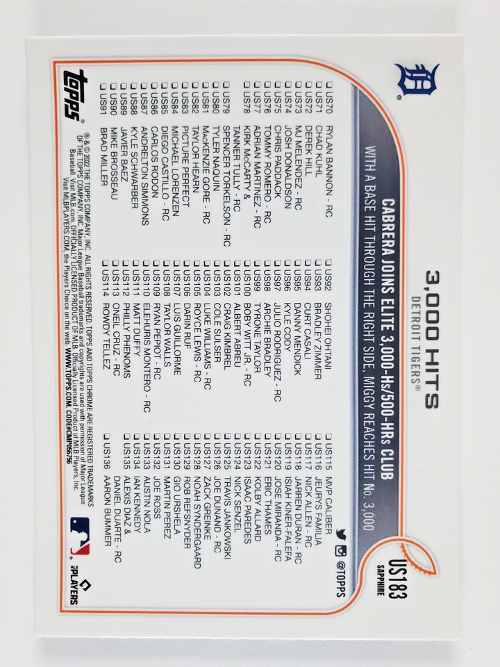 2022 Topps Chrome Sapphire #US183 Miguel Cabrera 3,000 Hits | eBay