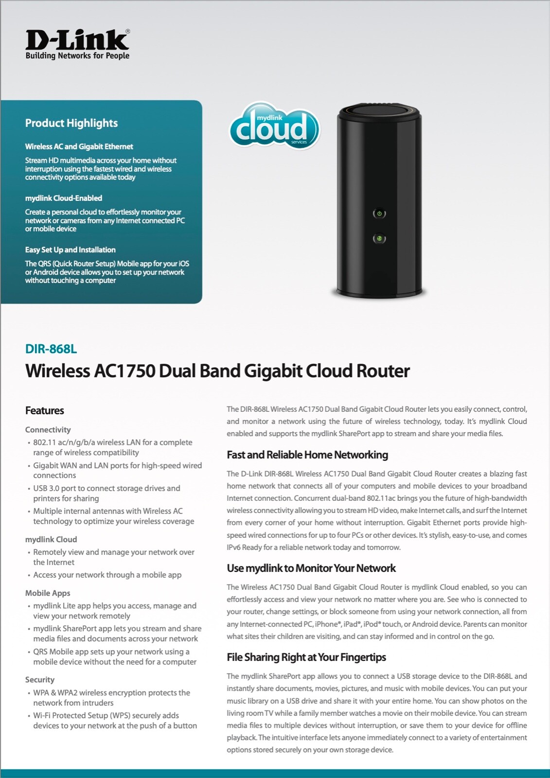 D-LINK DIR-868L WIRELESS AC1750 DUAL BAND GIGABIT CLOUD ROUTER ...