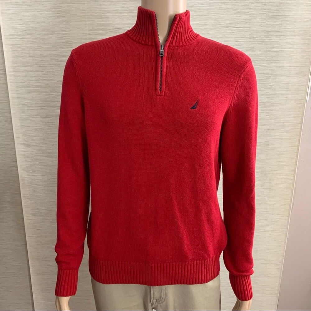 Nautica Quarter Zip Mock Turtleneck Sweater - Red - M… - Gem