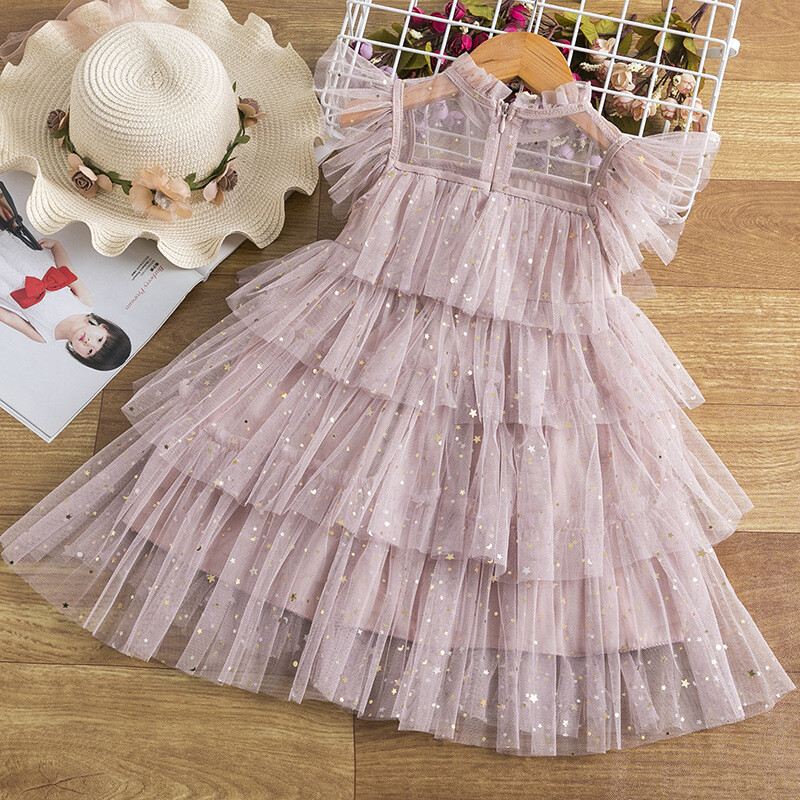 Kid Mesh Tulle Voile Dress A-line Tiered Layered Shiny Sequin Star ...