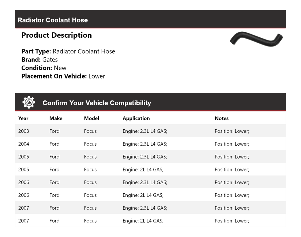 For 2003-2007 Ford Focus Radiator Coolant Hose Lower Gates 2004 2005 ...
